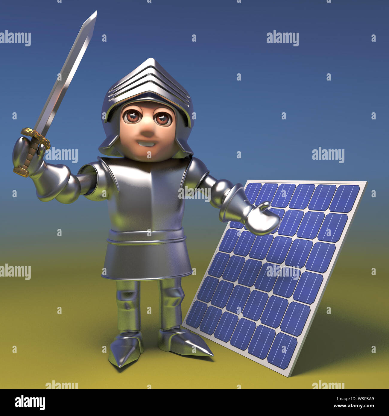 Cool 3d cartoon medieval knight in armour waves his sword by a ...