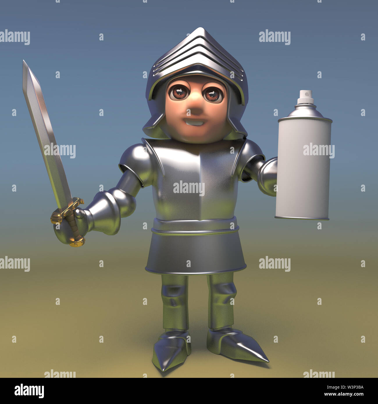 Armoured 3d medieval knight with sword holding an aerosol spray can, 3d ...