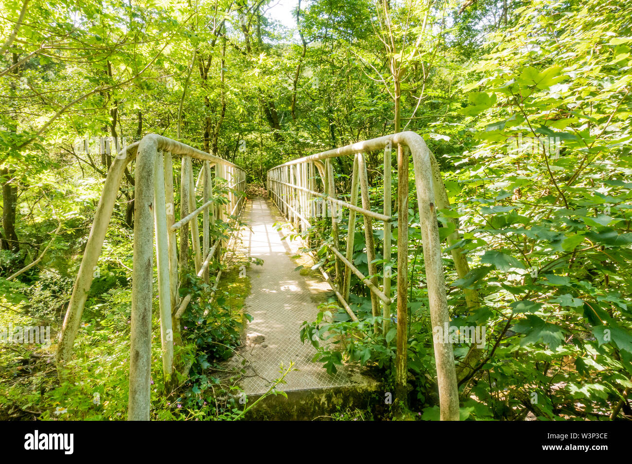 Dirty white metal bridge over the upper reaches of the River Severn in ...