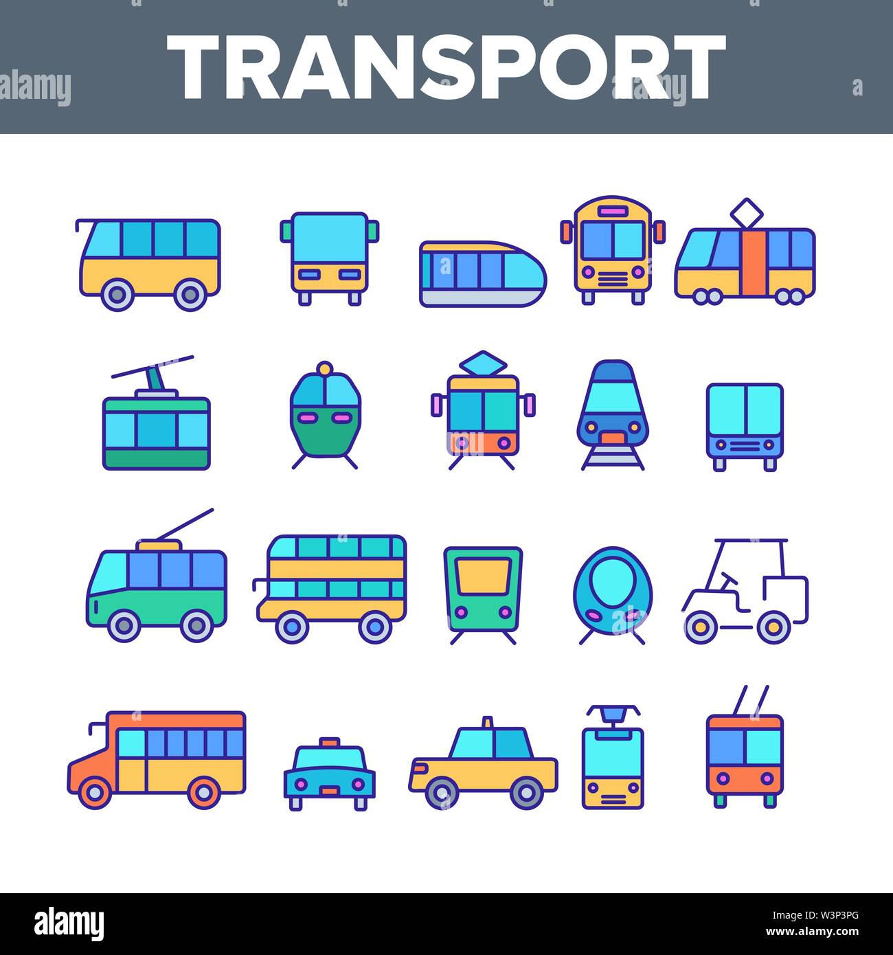 Color Public Transport And Vehicle Vector Linear Icons Set Stock Vector ...