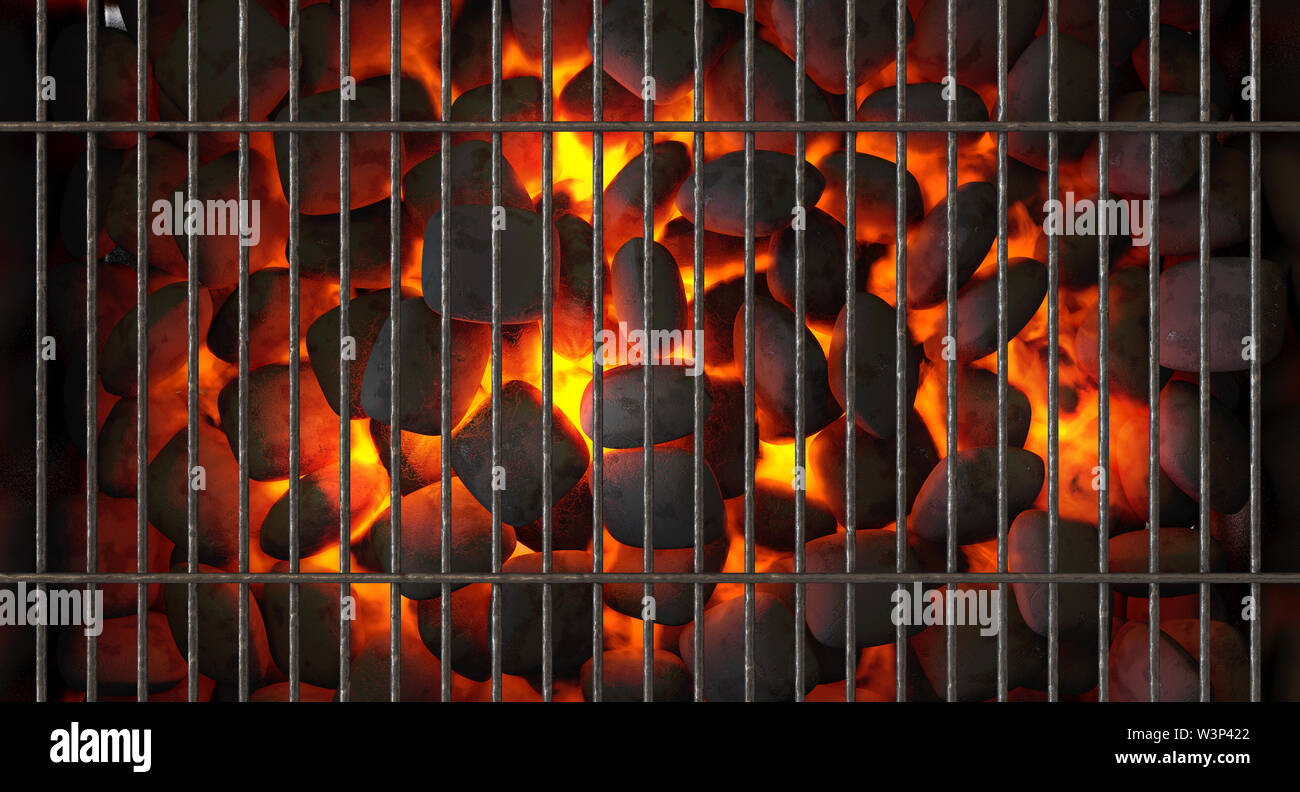 A direct top view of burning hot coal in a barbecue stand covered by a ...