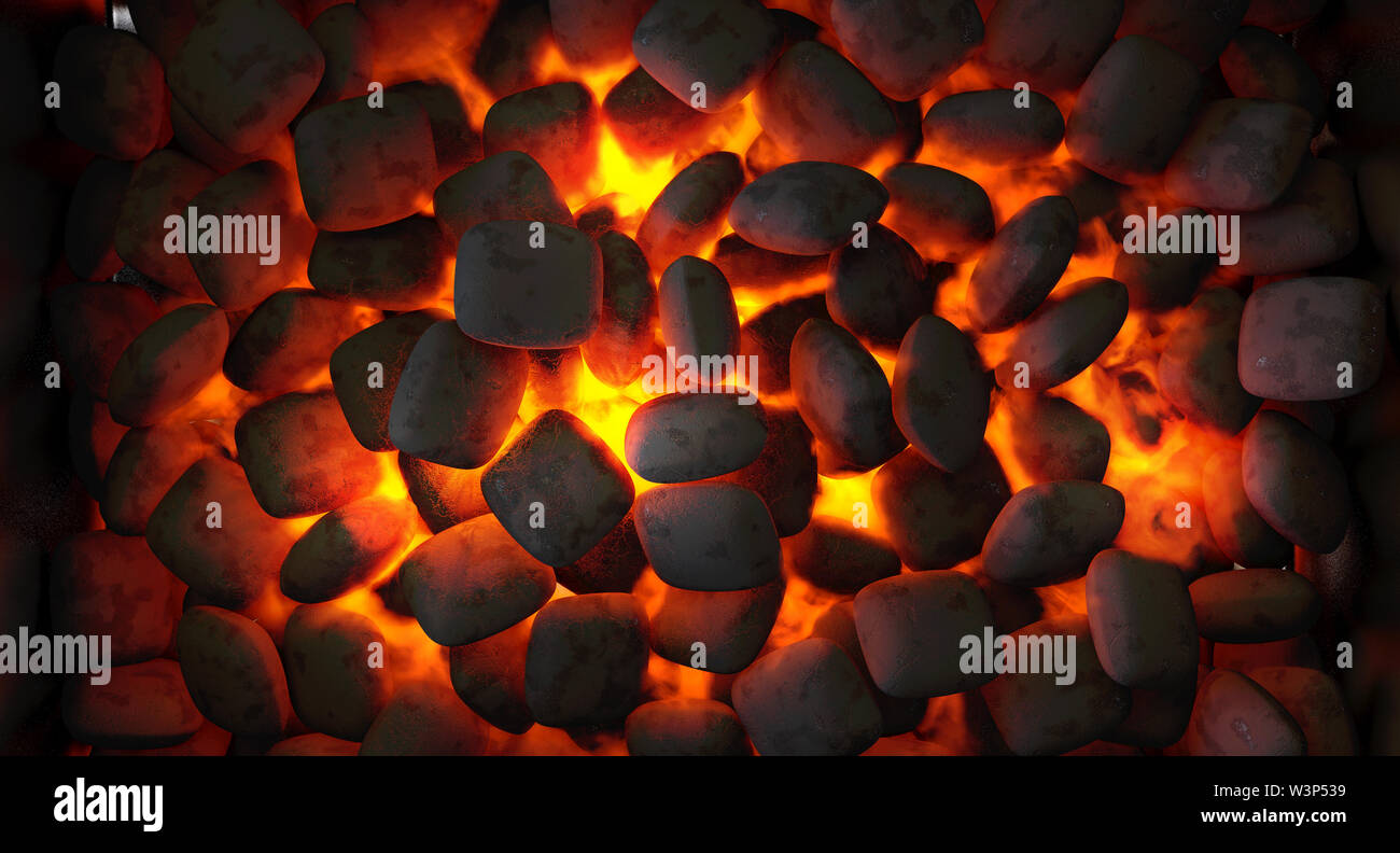 A direct top view of burning hot coal in a barbecue stand - 3D render ...