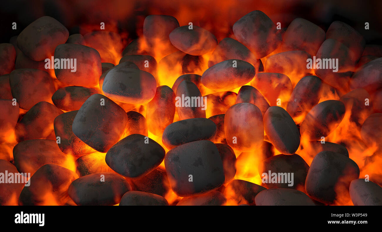 A direct top view of burning hot coal in a barbecue stand - 3D render ...