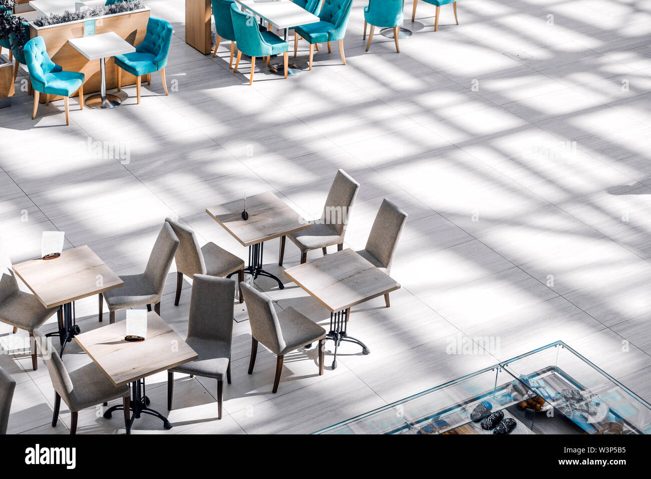 Photo of Cafe with lots of tables in the mall. View from above Stock ...