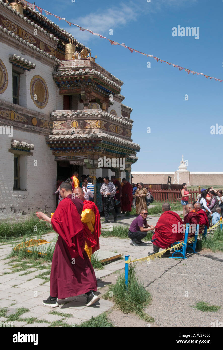 Buddhist monks gather at Erdene Zuu Monastery in ancient Karakorum, Orkhon Valley, Mongolia ...