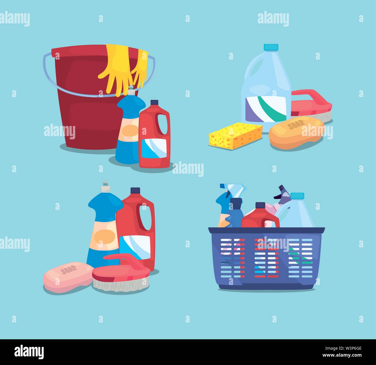set of bucket basket and cleaning products and supplies vector ...