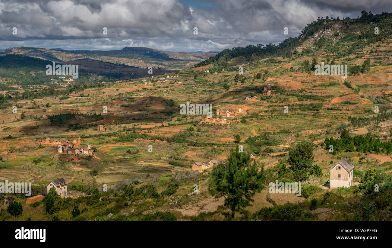 Typical landscape of Madagascar highlands, with adobe houses and ...