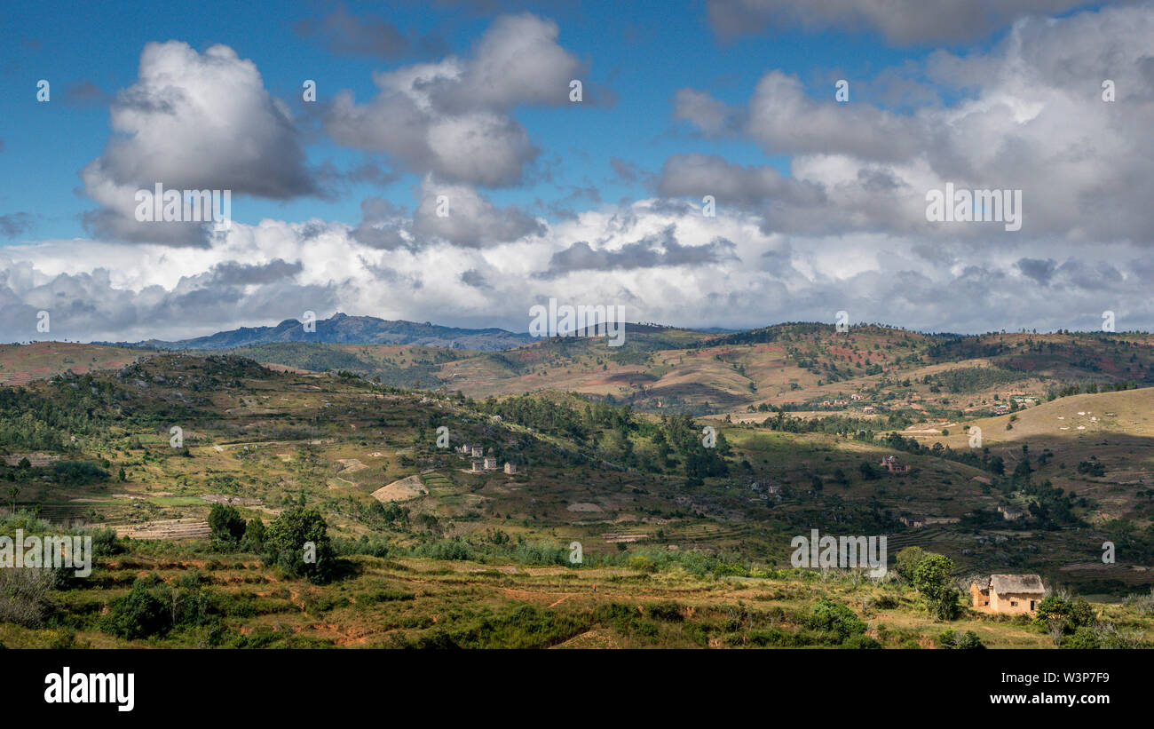 Typical landscape of Madagascar highlands, with adobe houses and ...