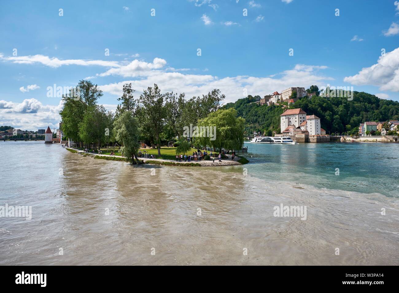 Triangle, confluence of the Danube, Inn and Ilz rivers, Passau, Lower ...