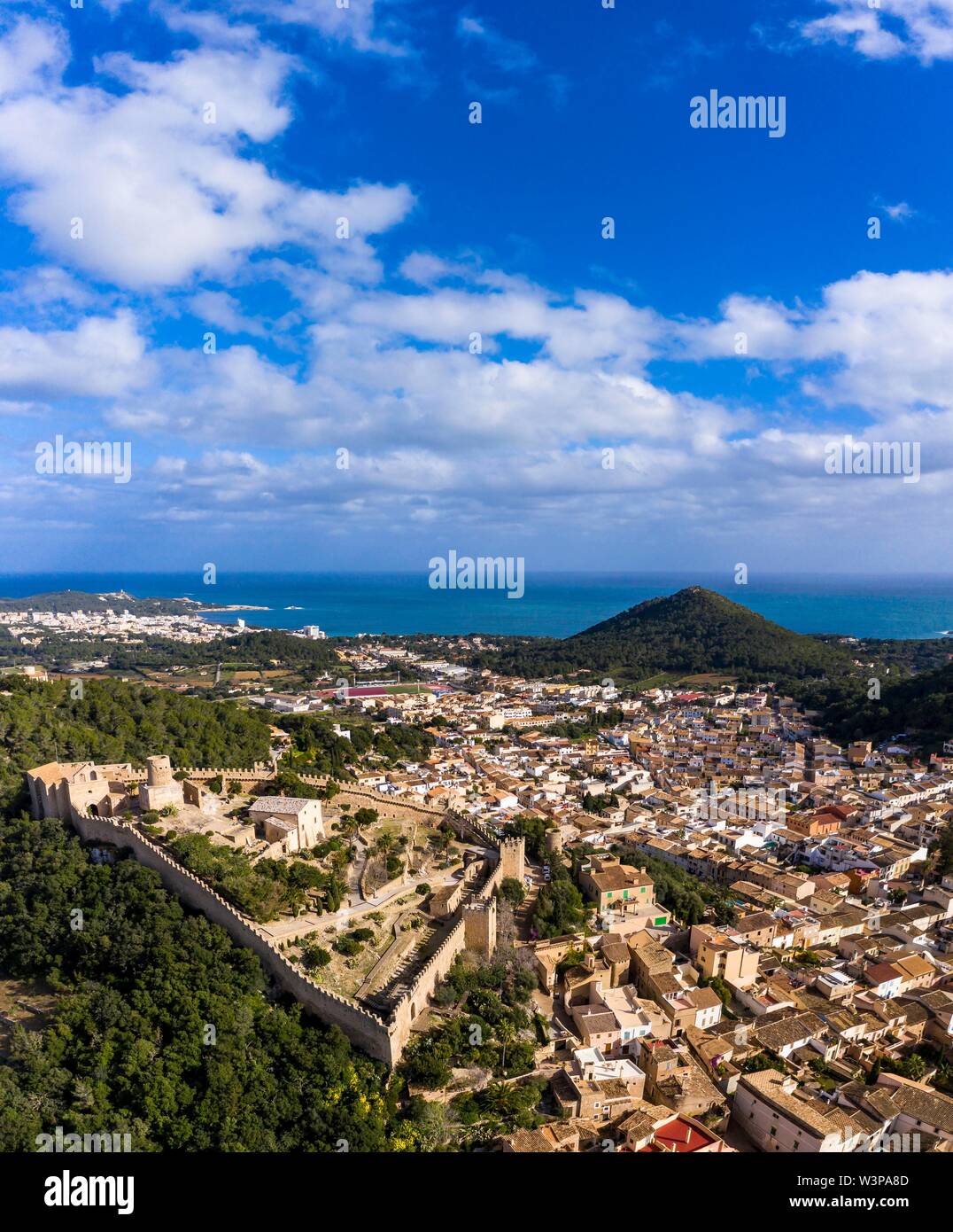 Drone shot, city view with Castell de Capdepera, Capdepera, Majorca ...