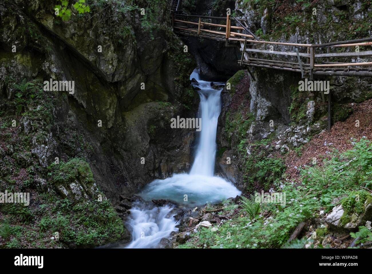 Wooden footbridge over waterfall in the Dr. Vogelgesang gorge at ...
