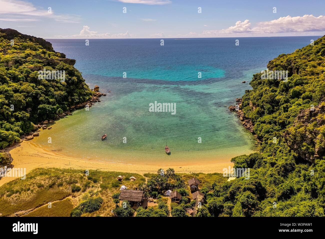 Bay and beach, island Nosy Hara, region Diana, drone shot, north ...