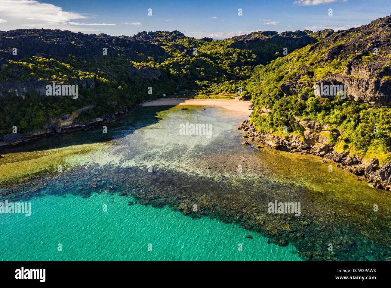 Bay, island Nosy Hara, region Diana, drone shot, north Madagascar ...