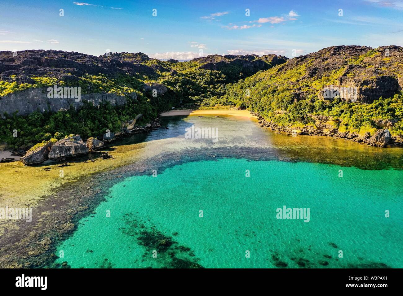 Bay, island Nosy Hara, region Diana, drone shot, north Madagascar ...