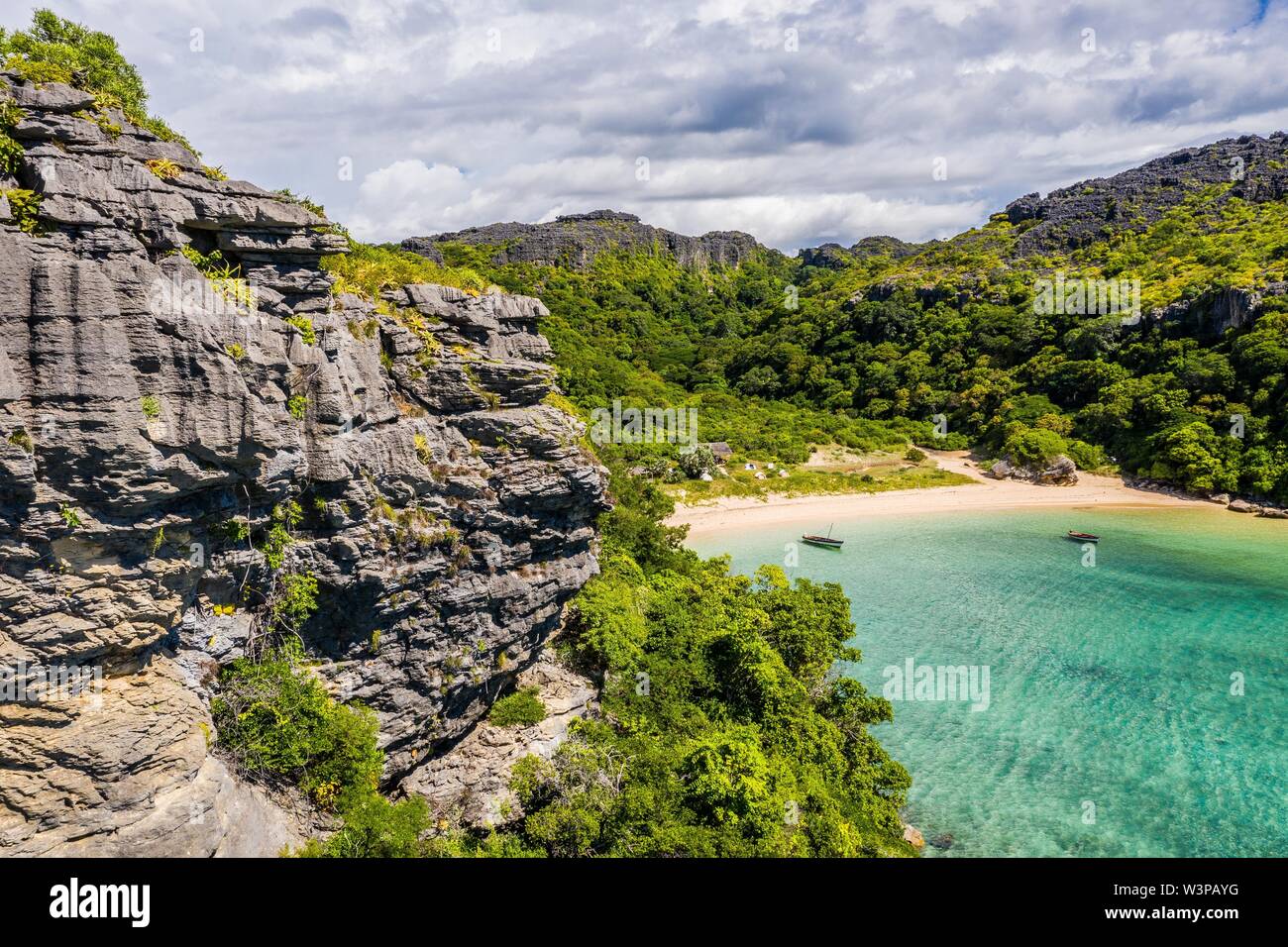 Bay, island Nosy Hara, region Diana, drone shot, north Madagascar ...