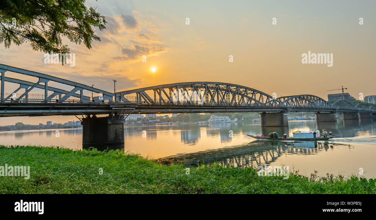 Dawn at Trang Tien Bridge. This a Gothic architectural bridge spanning ...