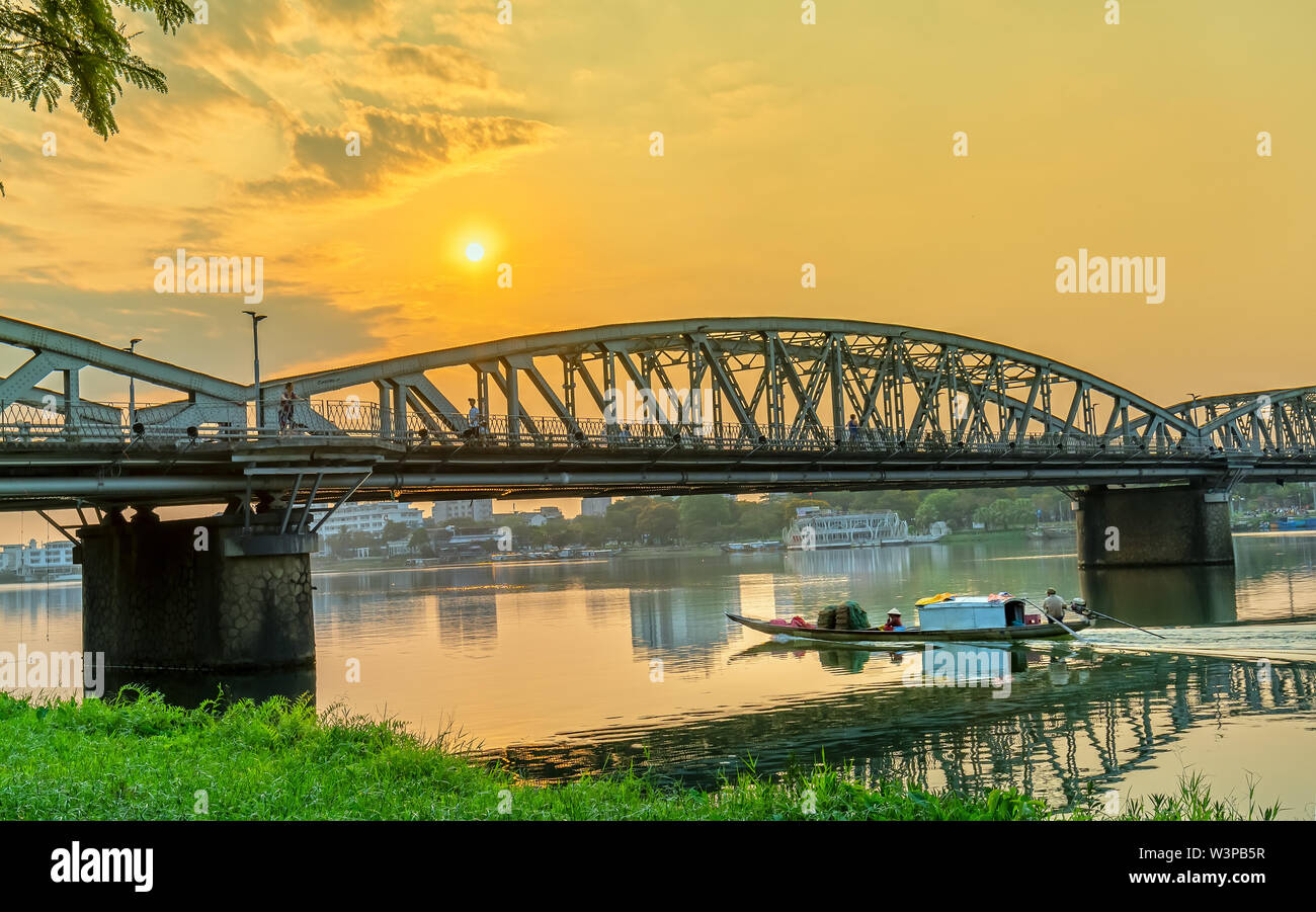 Dawn at Trang Tien Bridge. This a Gothic architectural bridge spanning ...