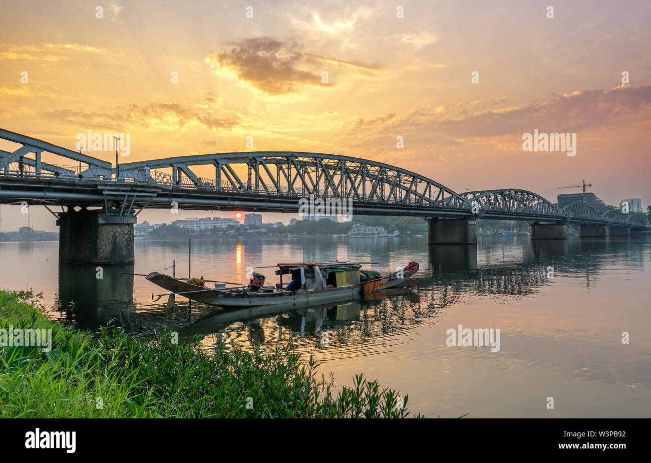 Dawn at Trang Tien Bridge. This a Gothic architectural bridge spanning ...