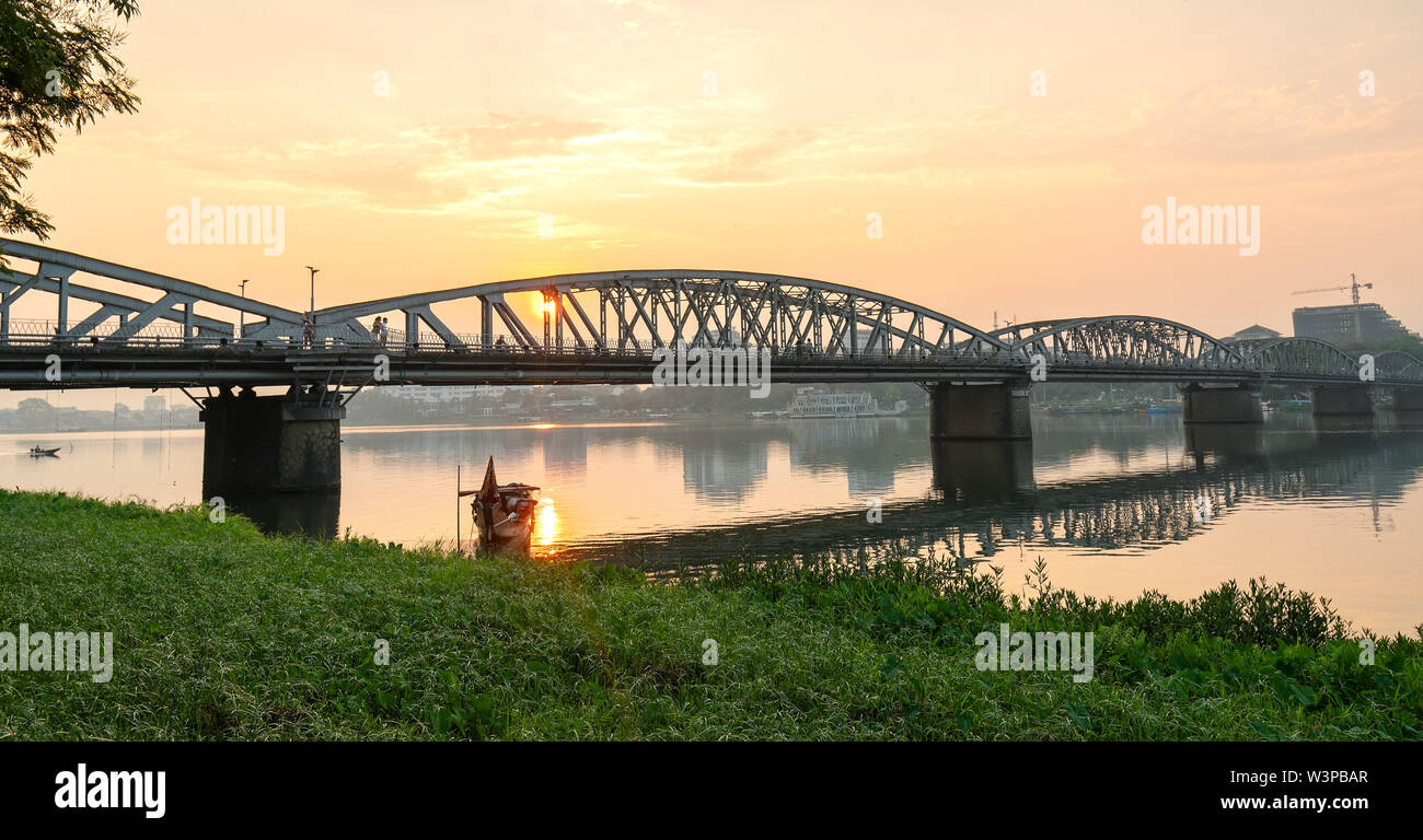Dawn at Trang Tien Bridge. This a Gothic architectural bridge spanning ...