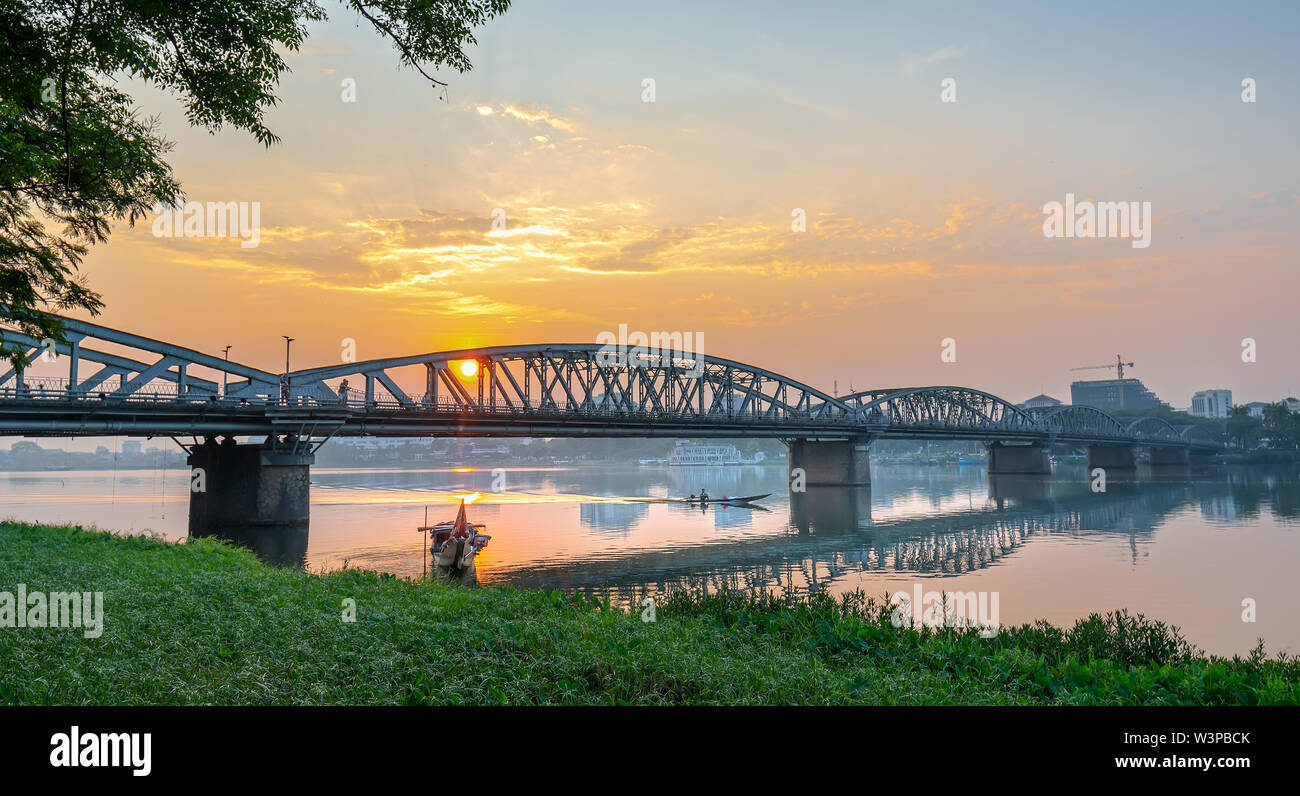 Dawn at Trang Tien Bridge. This a Gothic architectural bridge spanning ...