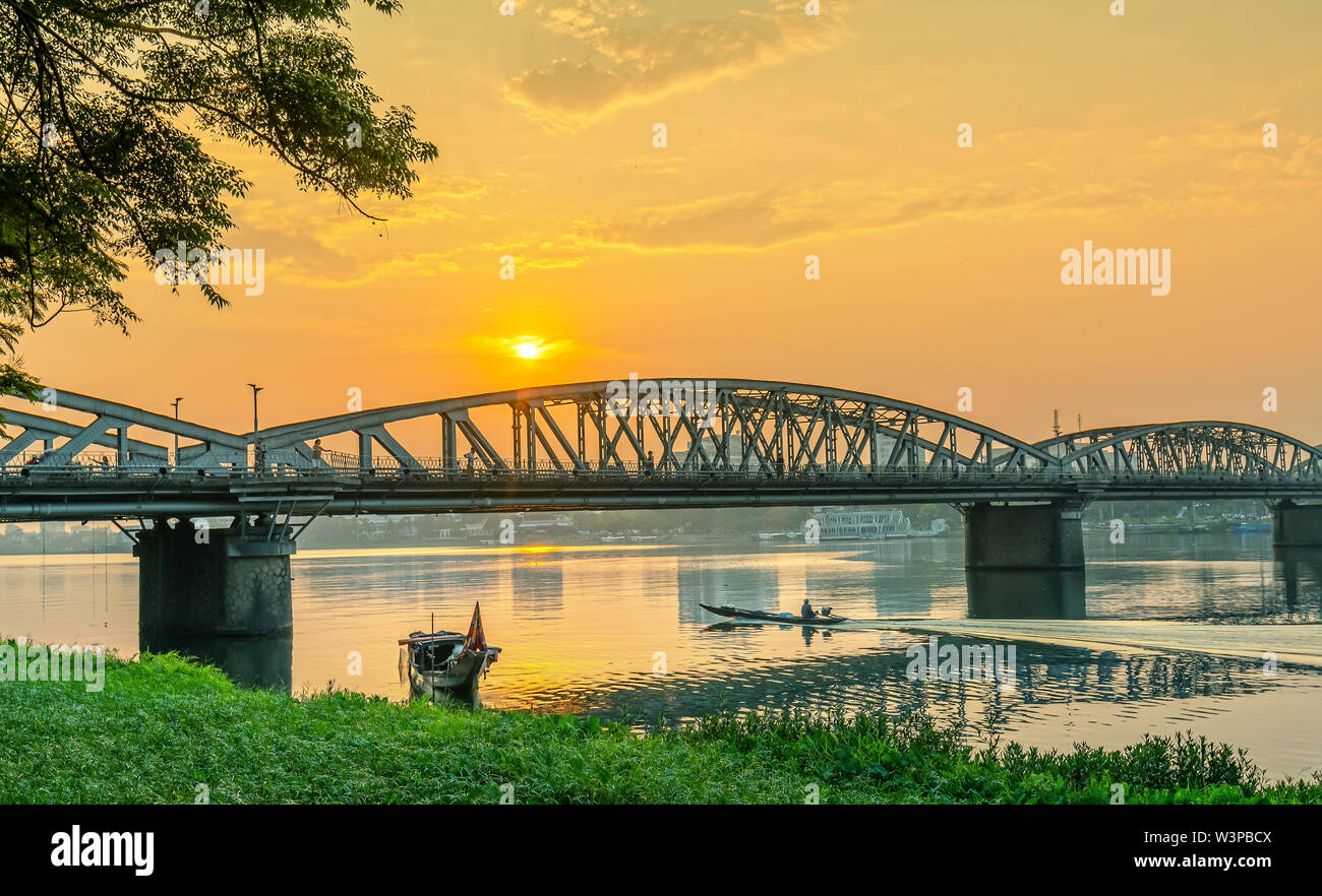 Dawn at Trang Tien Bridge. This a Gothic architectural bridge spanning ...