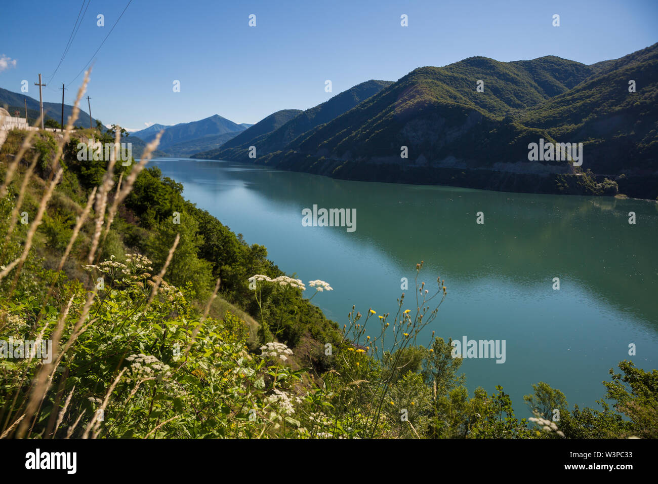 Jinvali water reservoir, Georgia. Jinvali water reservoir and mountains ...