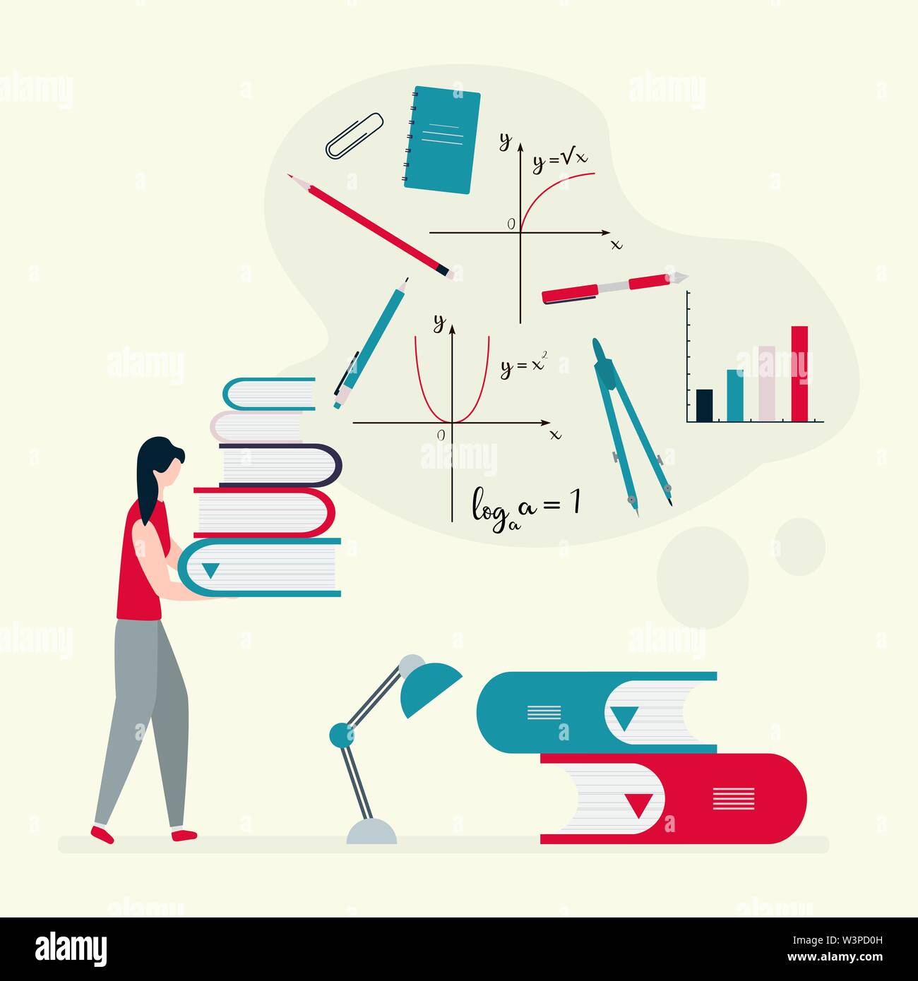 Vector illustration with girl, stack of books. Education, study ...