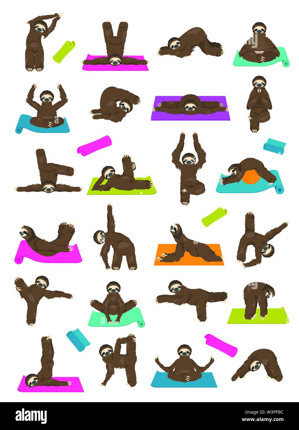Sloth yoga collection. Funny cartoon animals in different postures set ...