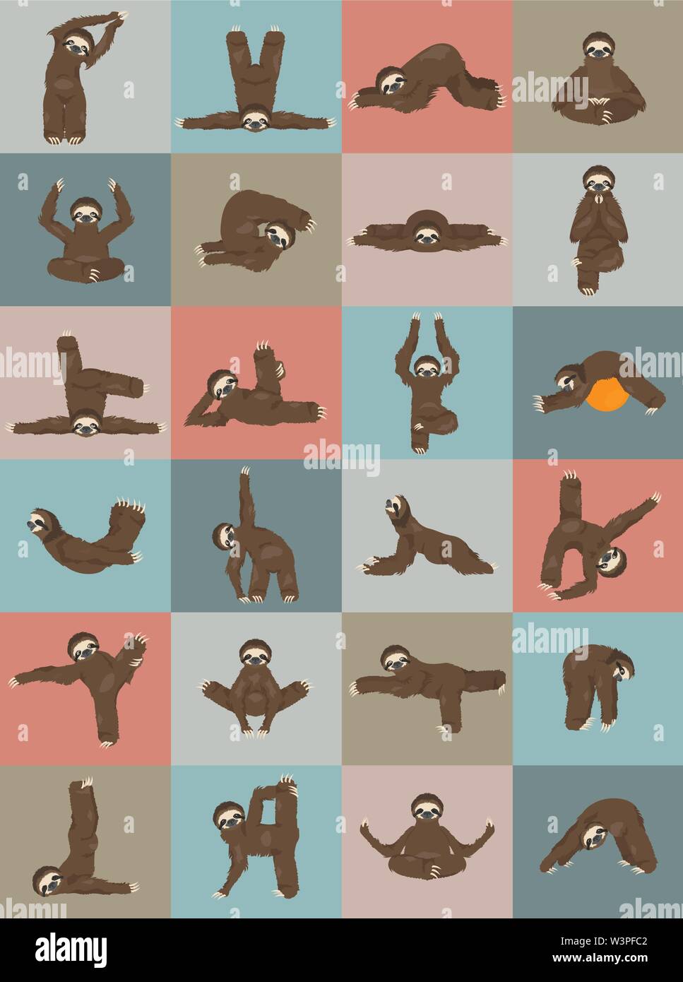 Sloth yoga collection. Funny cartoon animals in different postures set ...