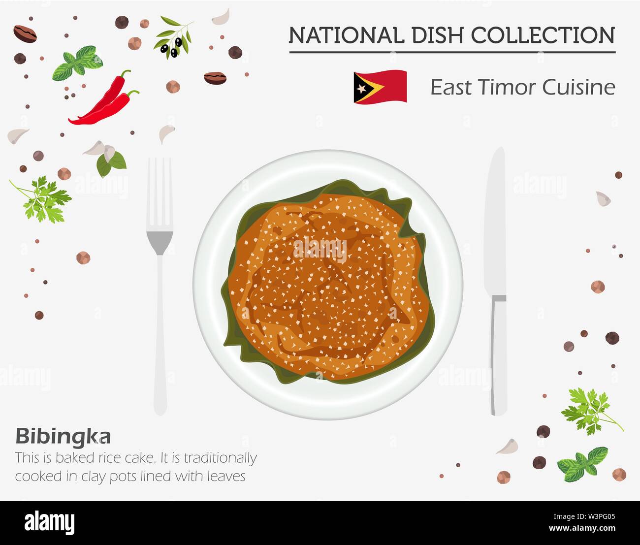 East Timor Cuisine. Asian national dish collection. Bibingka isolated ...