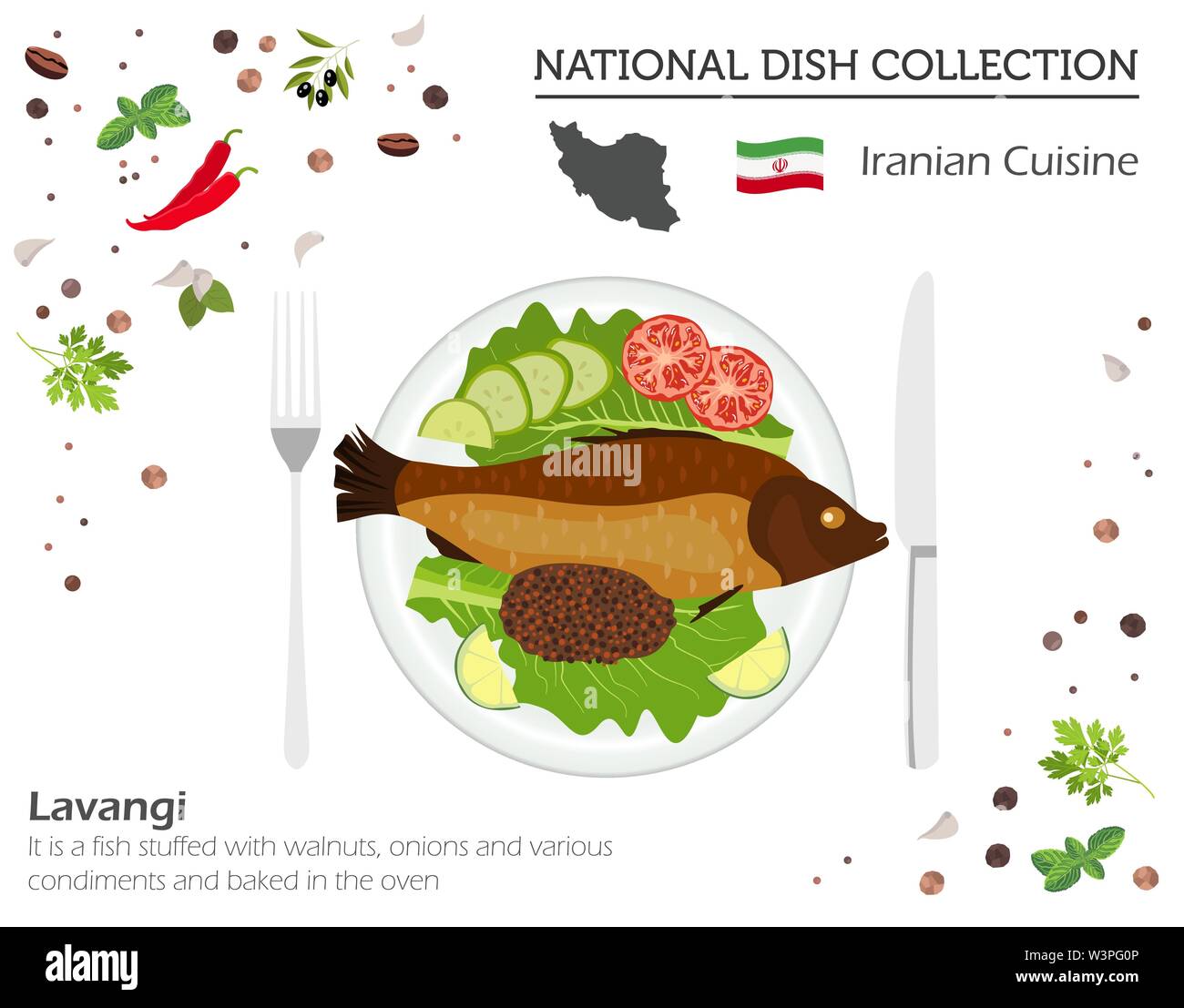 Iranian Cuisine. Middle East national dish collection. Lavangi fish ...