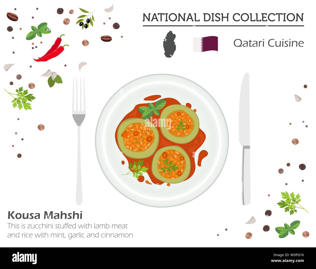 Qatari Cuisine. Middle East national dish collection. Kousa Mahshi ...