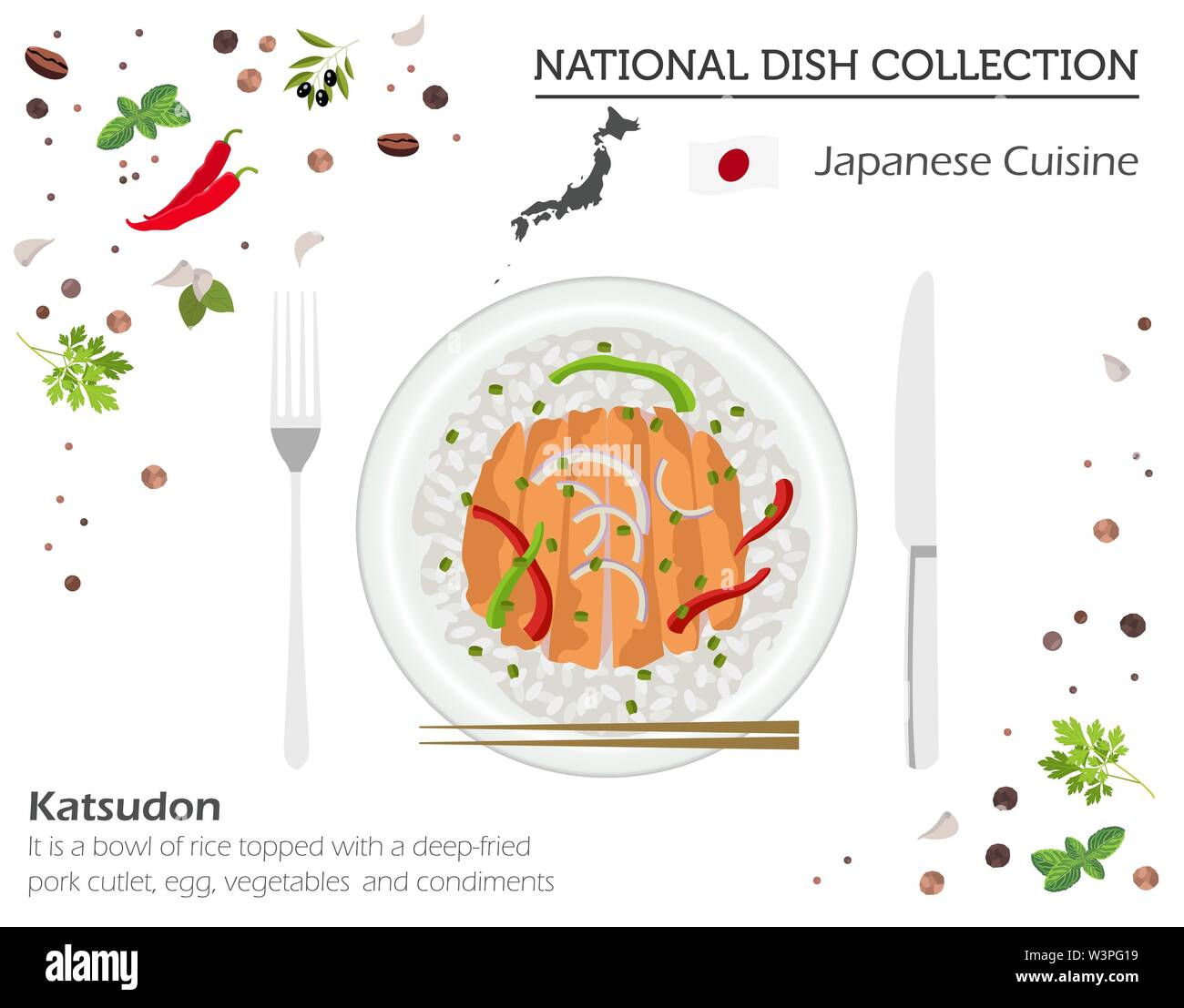 Japanese Cuisine. Asian national dish collection. Katsudon isolated on ...