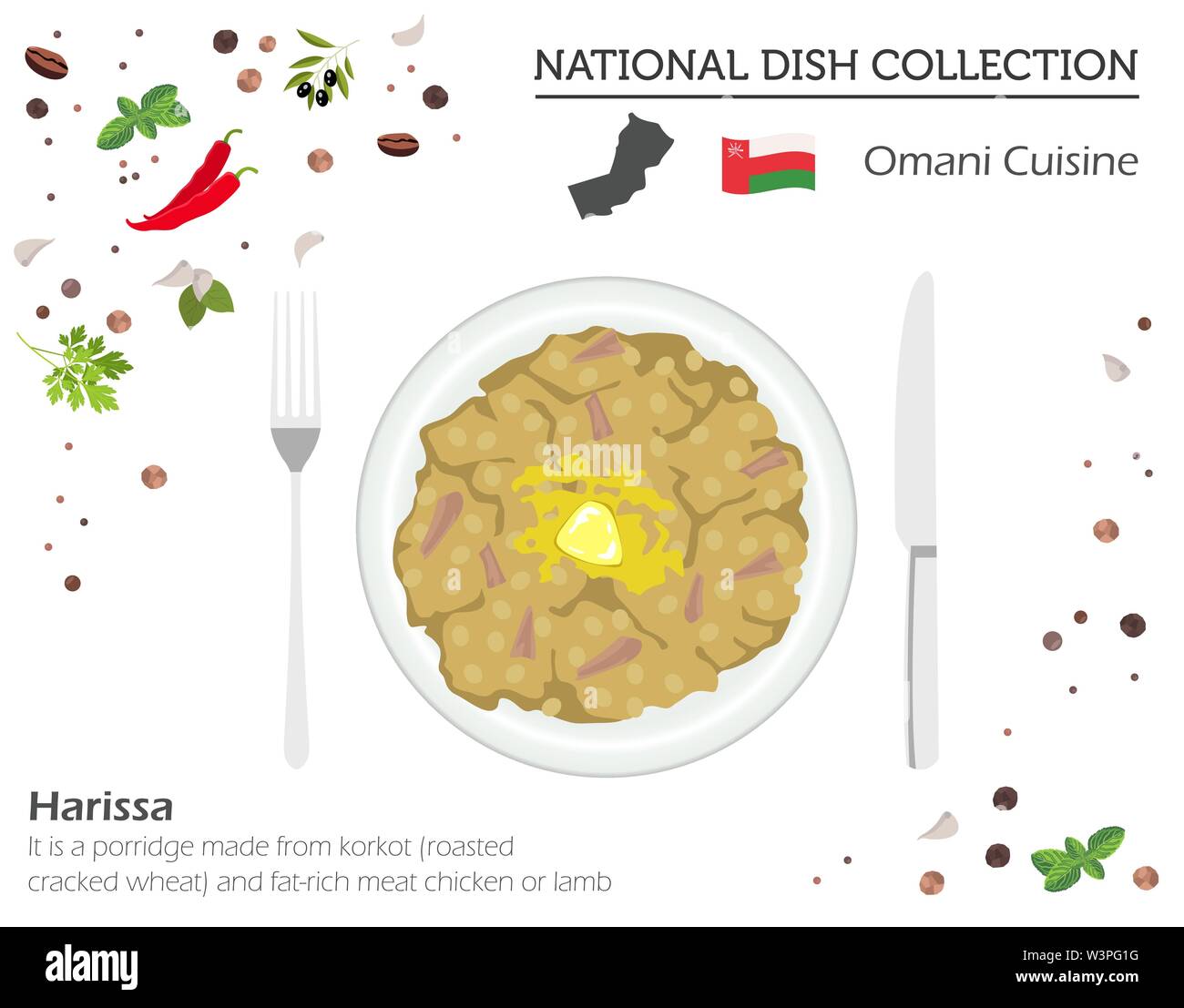 Omani Cuisine. Middle East national dish collection. Harissa isolated ...
