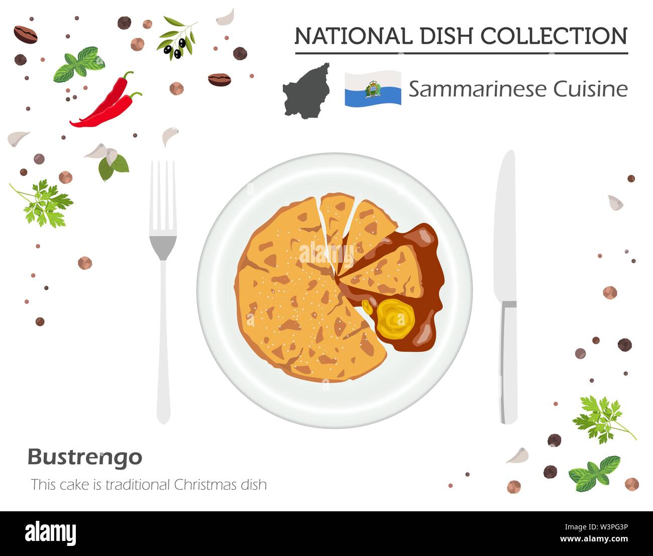 Sammarinese Cuisine. European national dish collection. Bustrengo cake ...