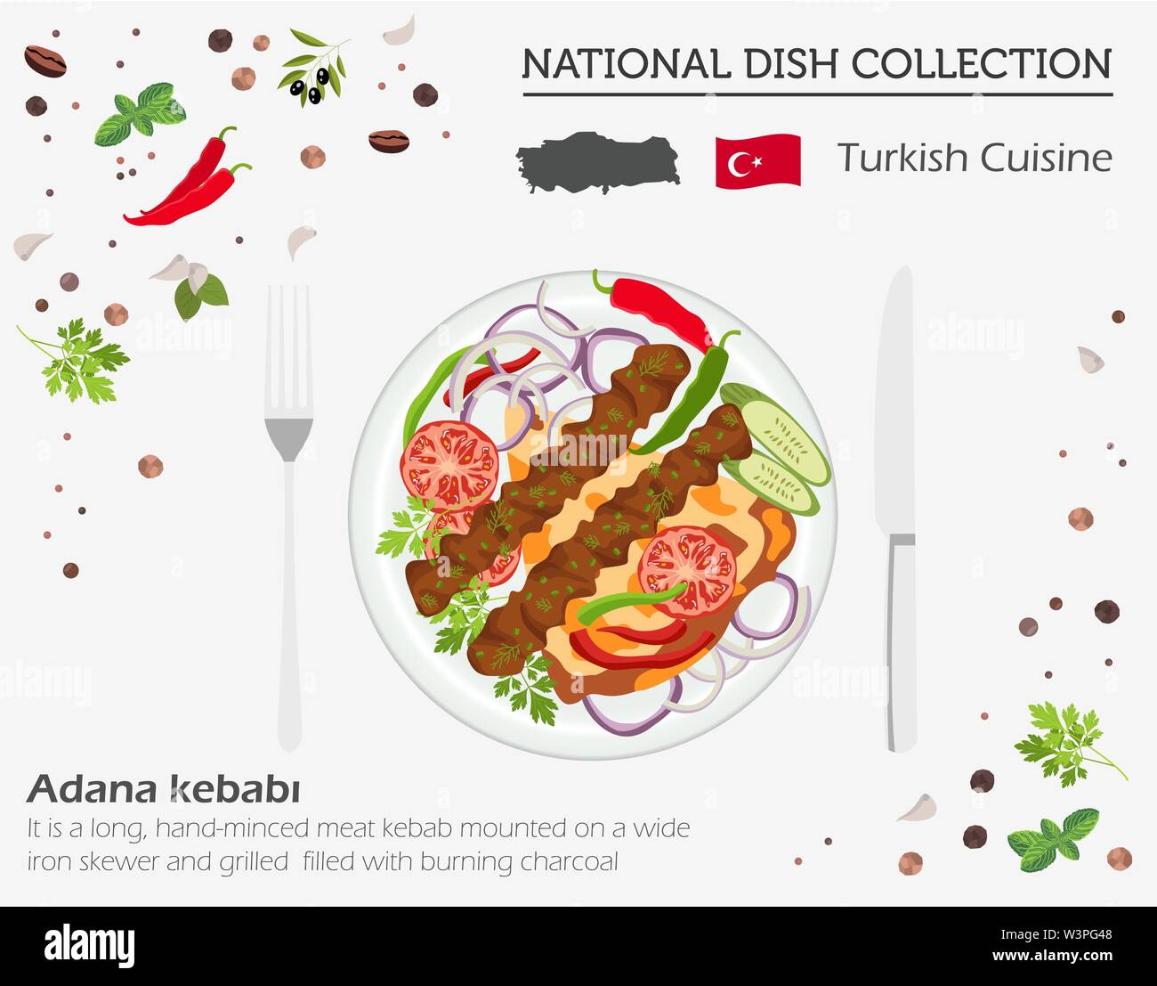 Turkish Cuisine. Middle East national dish collection. Adana kebabi ...