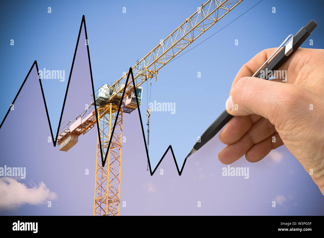 Hand draws a graph with a background of a construction site - concept ...