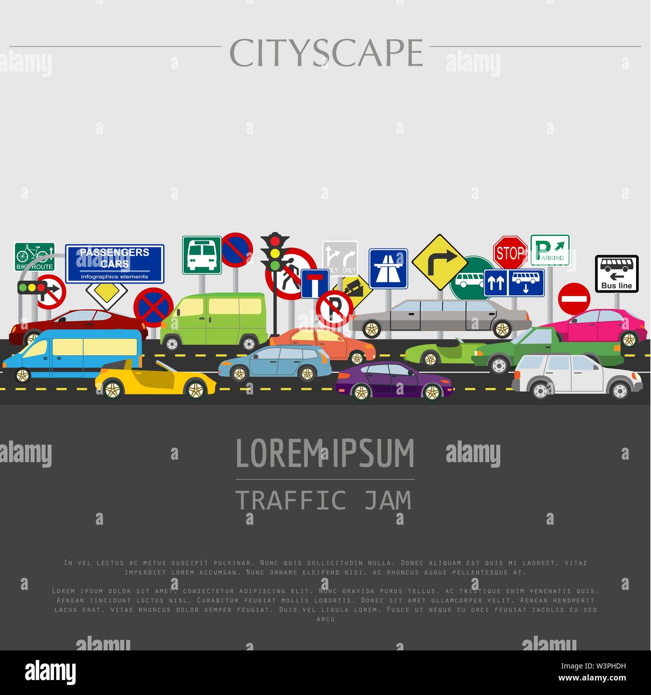 Cityscape graphic template. Modern city. Vector illustration. Traffic ...