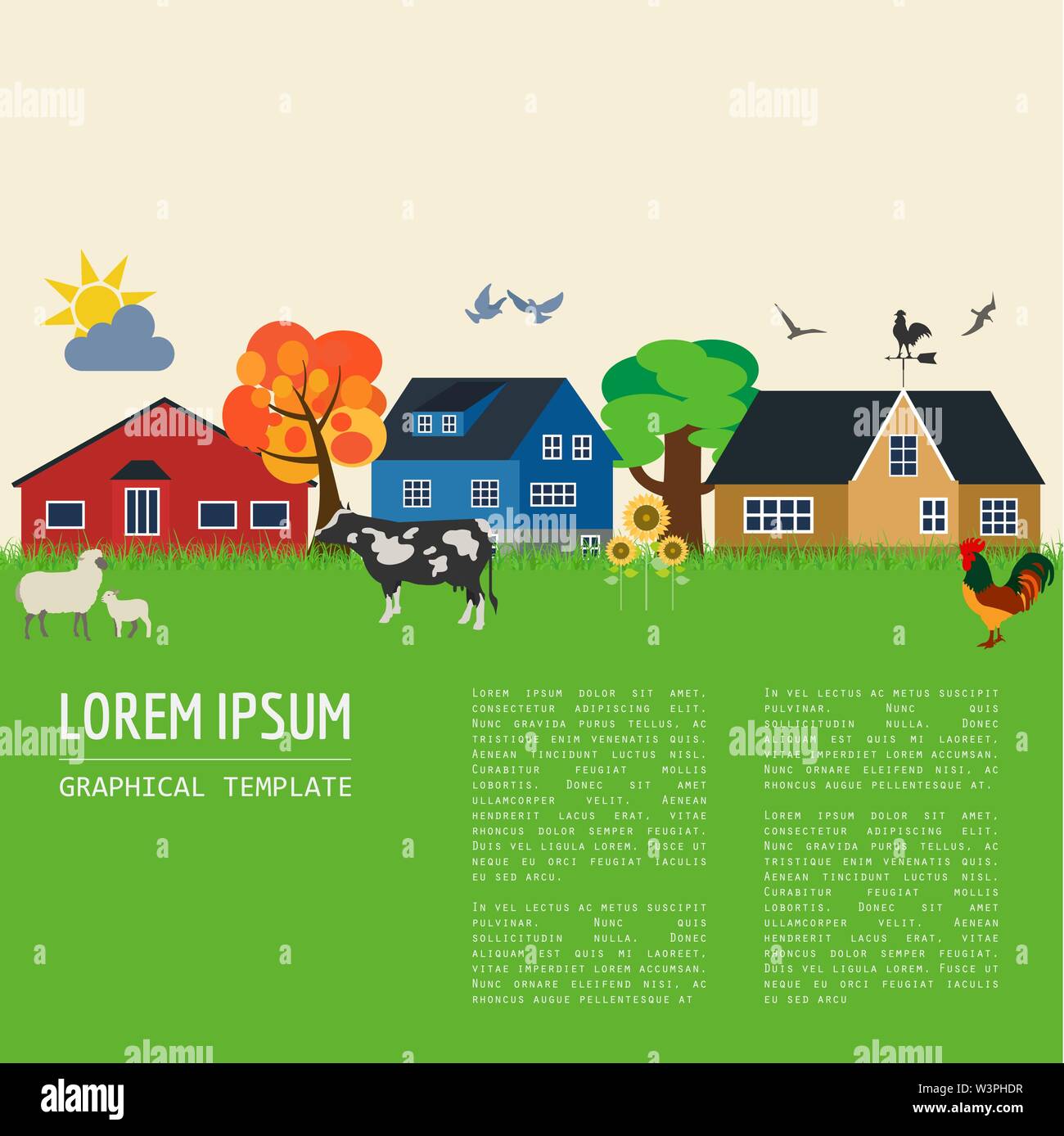 Countryside graphic template. Village buildings, rural scene and farm ...