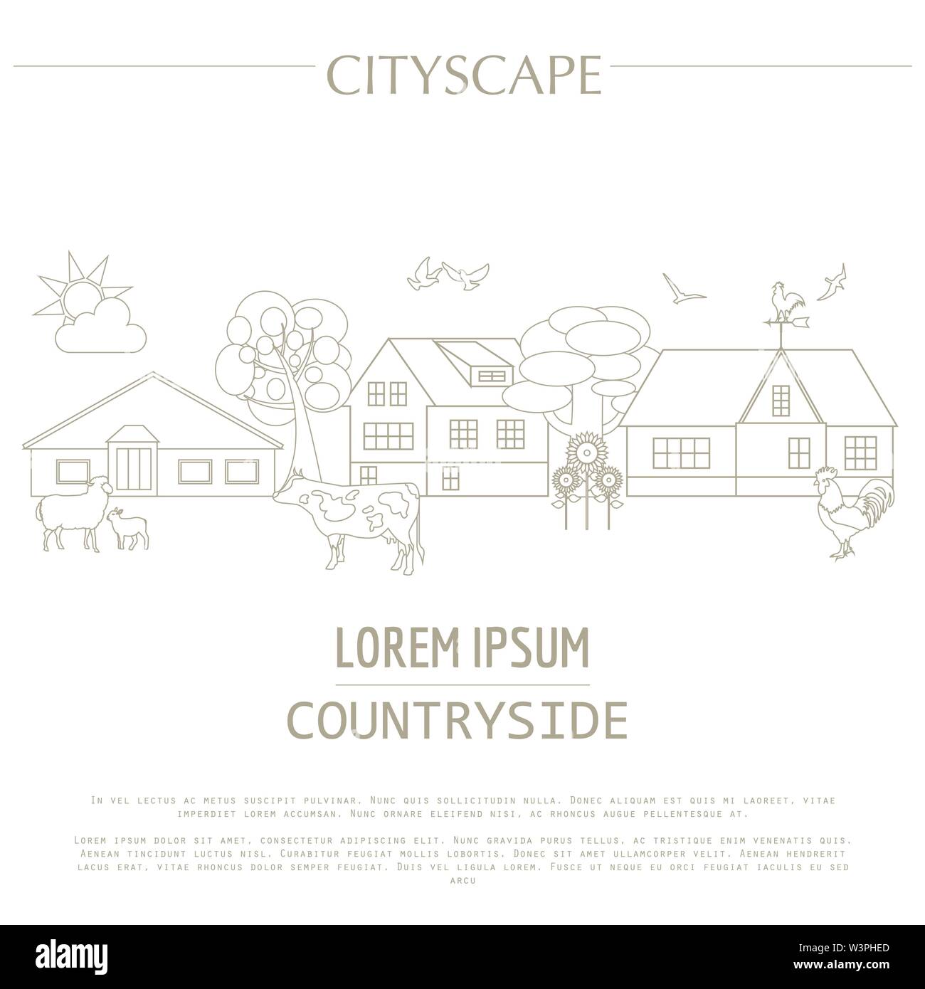 Countryside graphic template. Village buildings, rural scene and farm ...