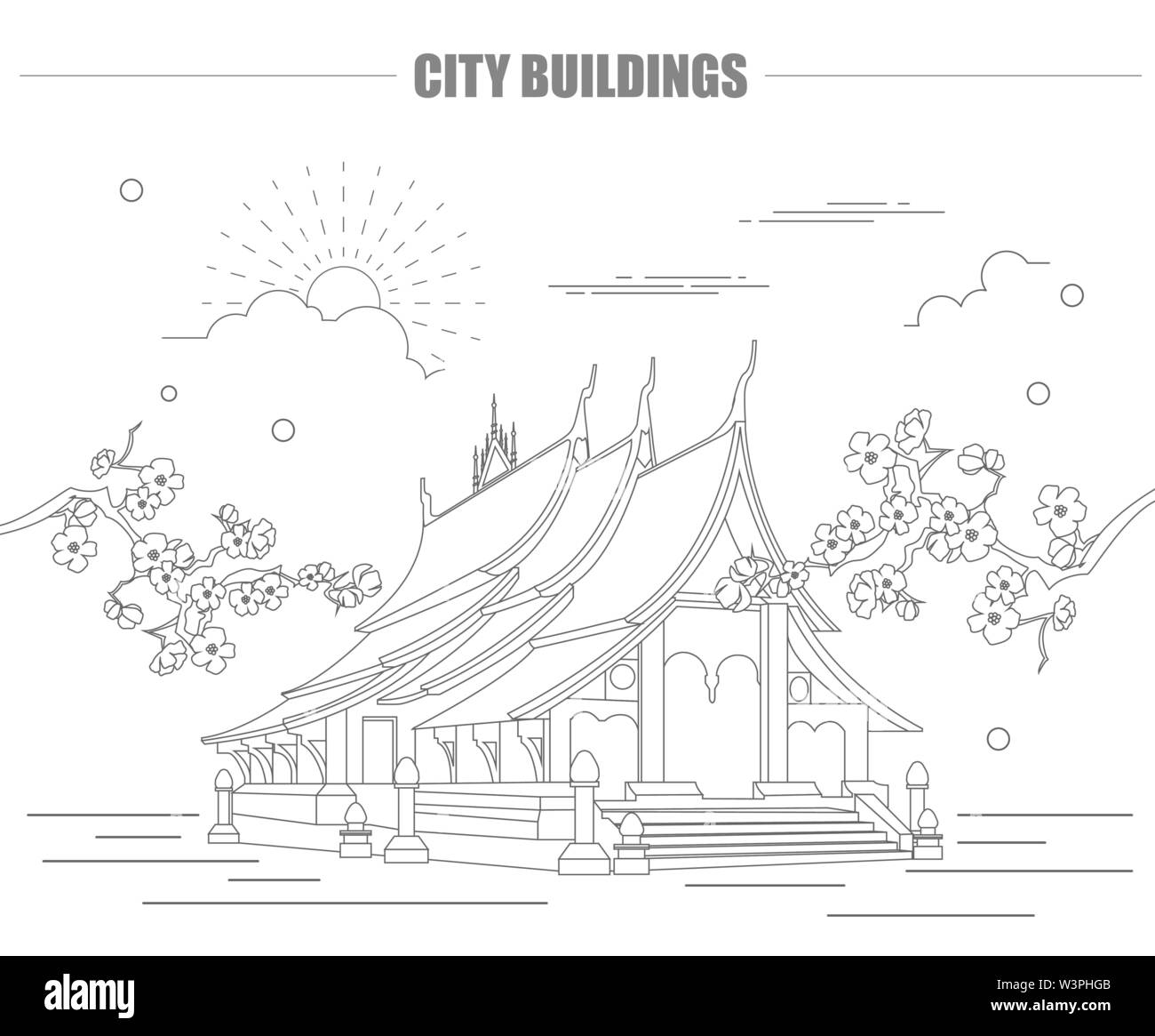 City buildings graphic template. Laos. Luang Prabang. Vector ...