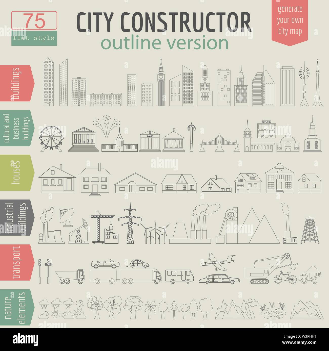 City map generator. Elements for creating your perfect city. Outline ...