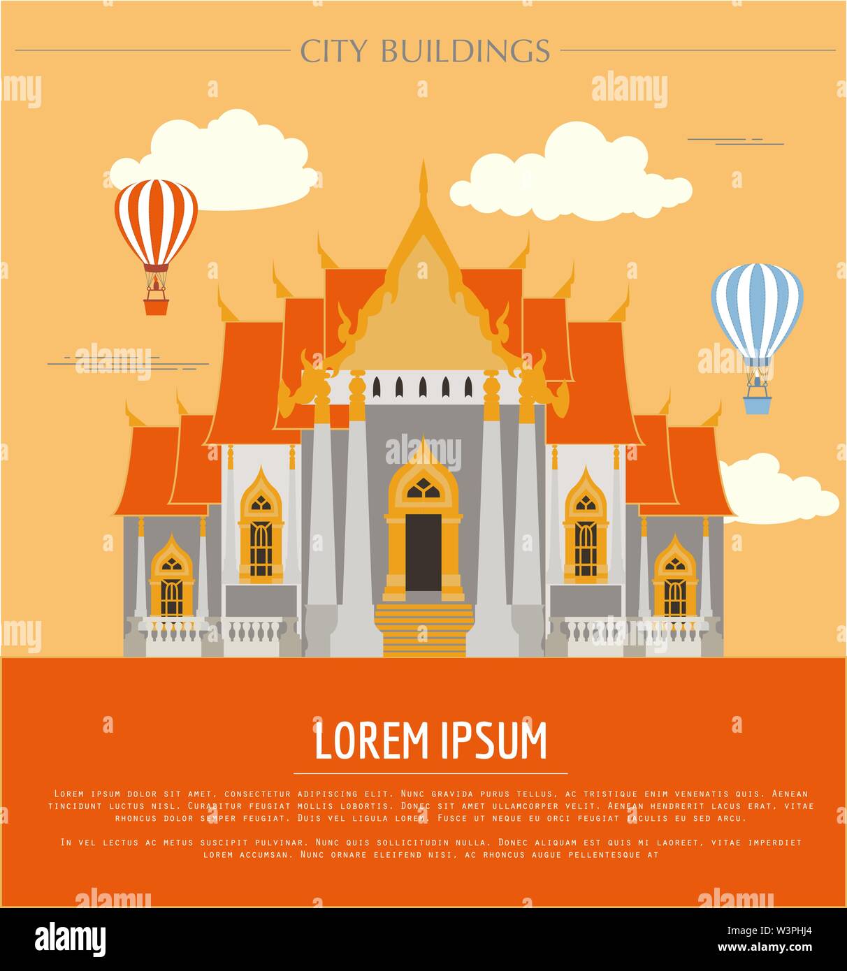 City buildings graphic template. Thailand. Marble Temple. Vector ...
