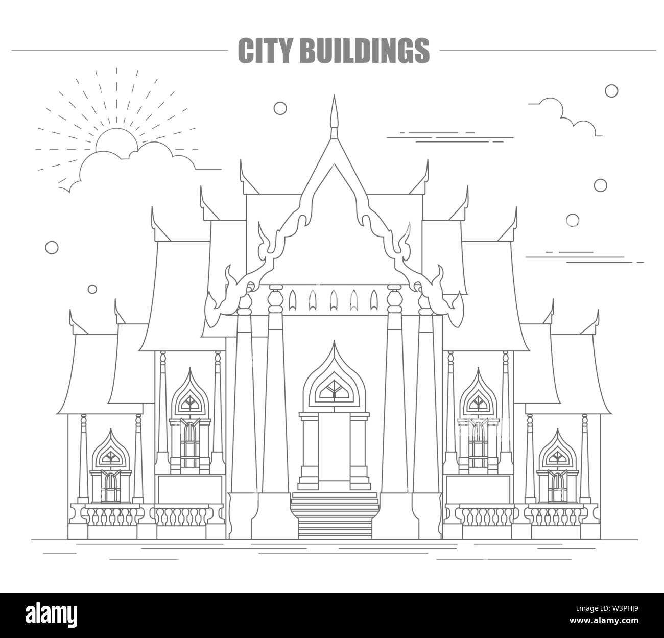 City buildings graphic template. Thailand. Marble Temple. Vector ...