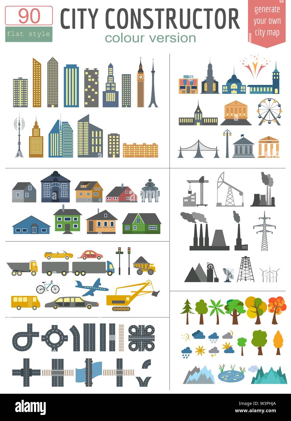 City map generator. Elements for creating your perfect city. Colour ...