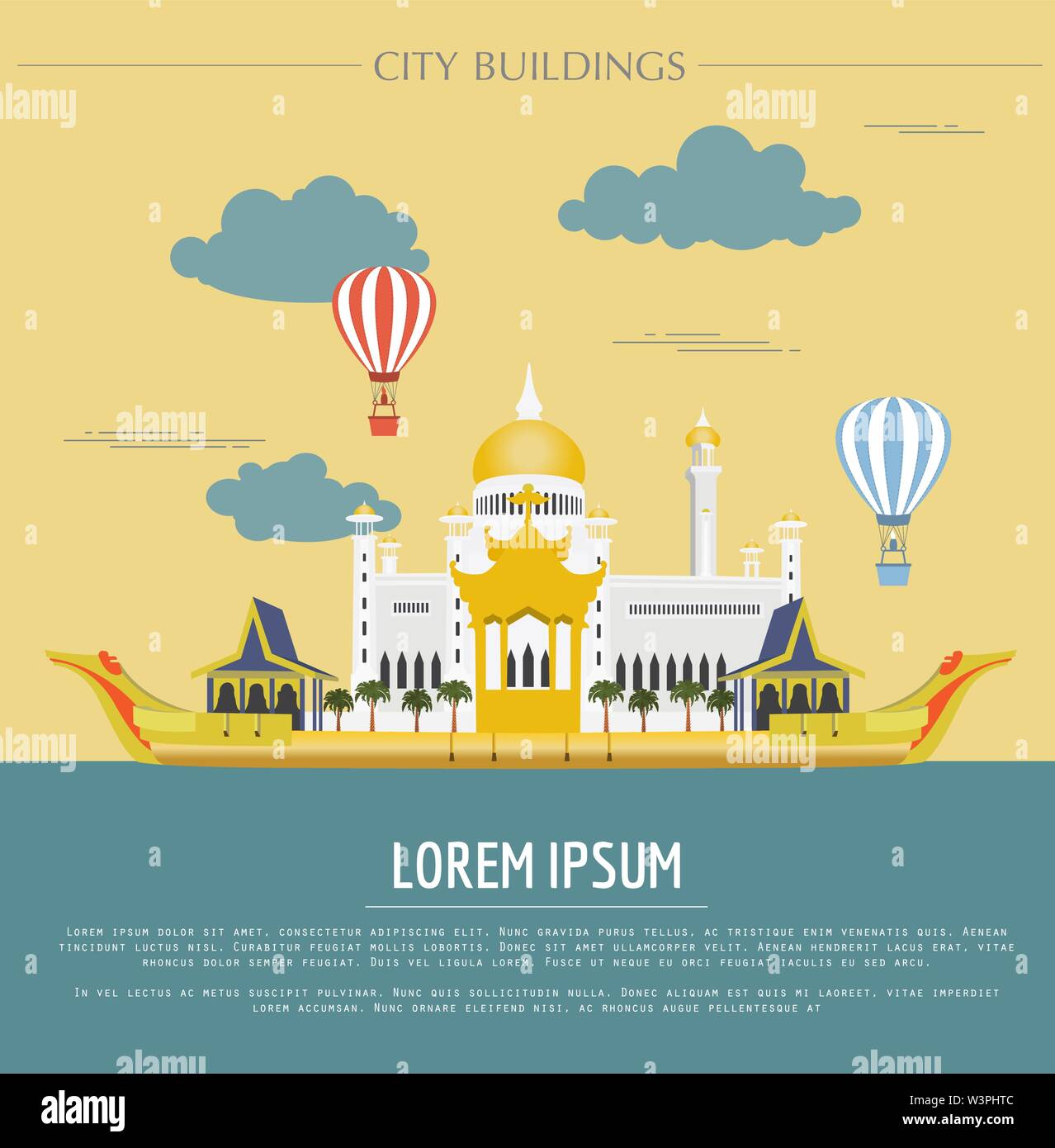 City buildings graphic template. Sultan Omar mosque. Brunei. Vector ...