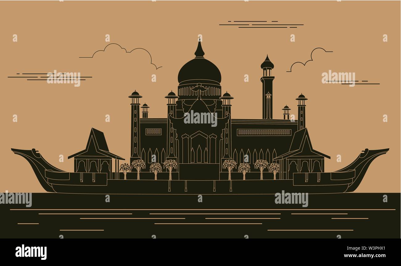 City buildings graphic template. Sultan Omar mosque. Brunei. Vector ...