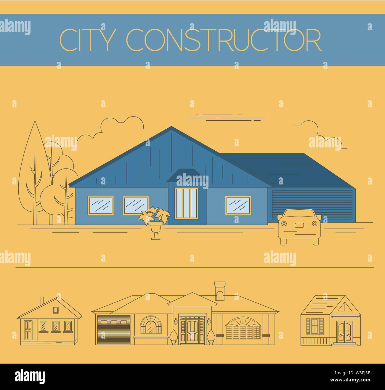 Building exteriors graphic template. Outline and color version set ...