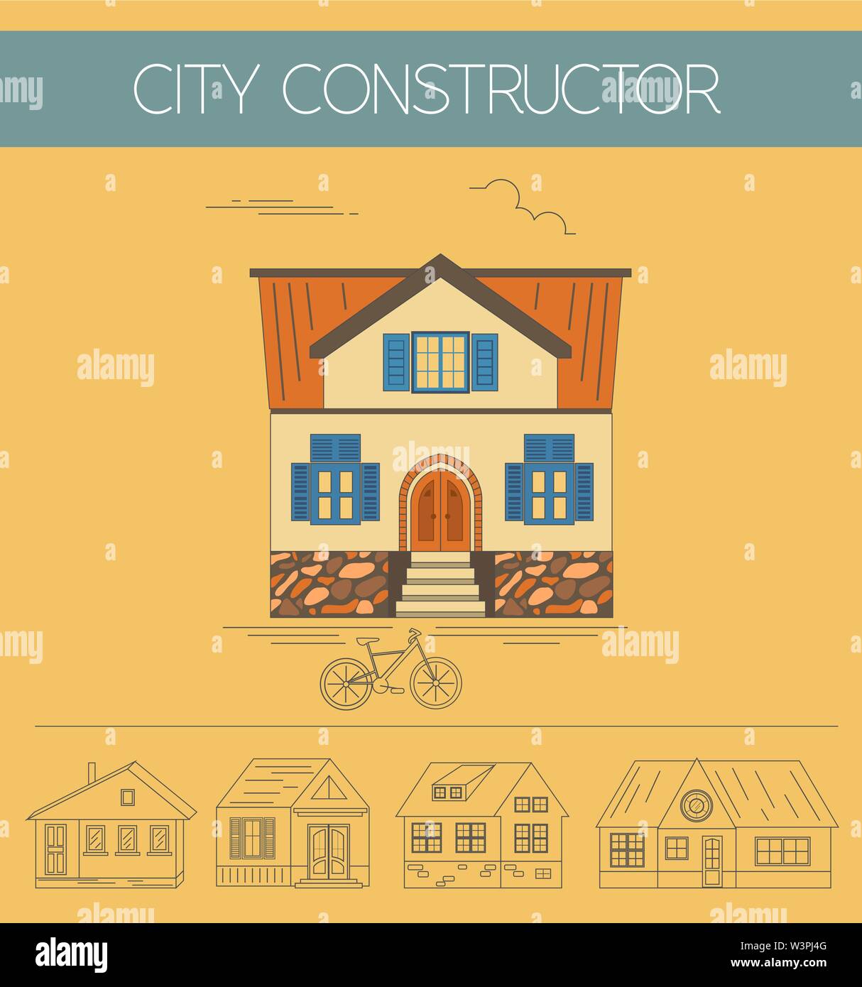 Building exteriors graphic template. Outline and color version set ...