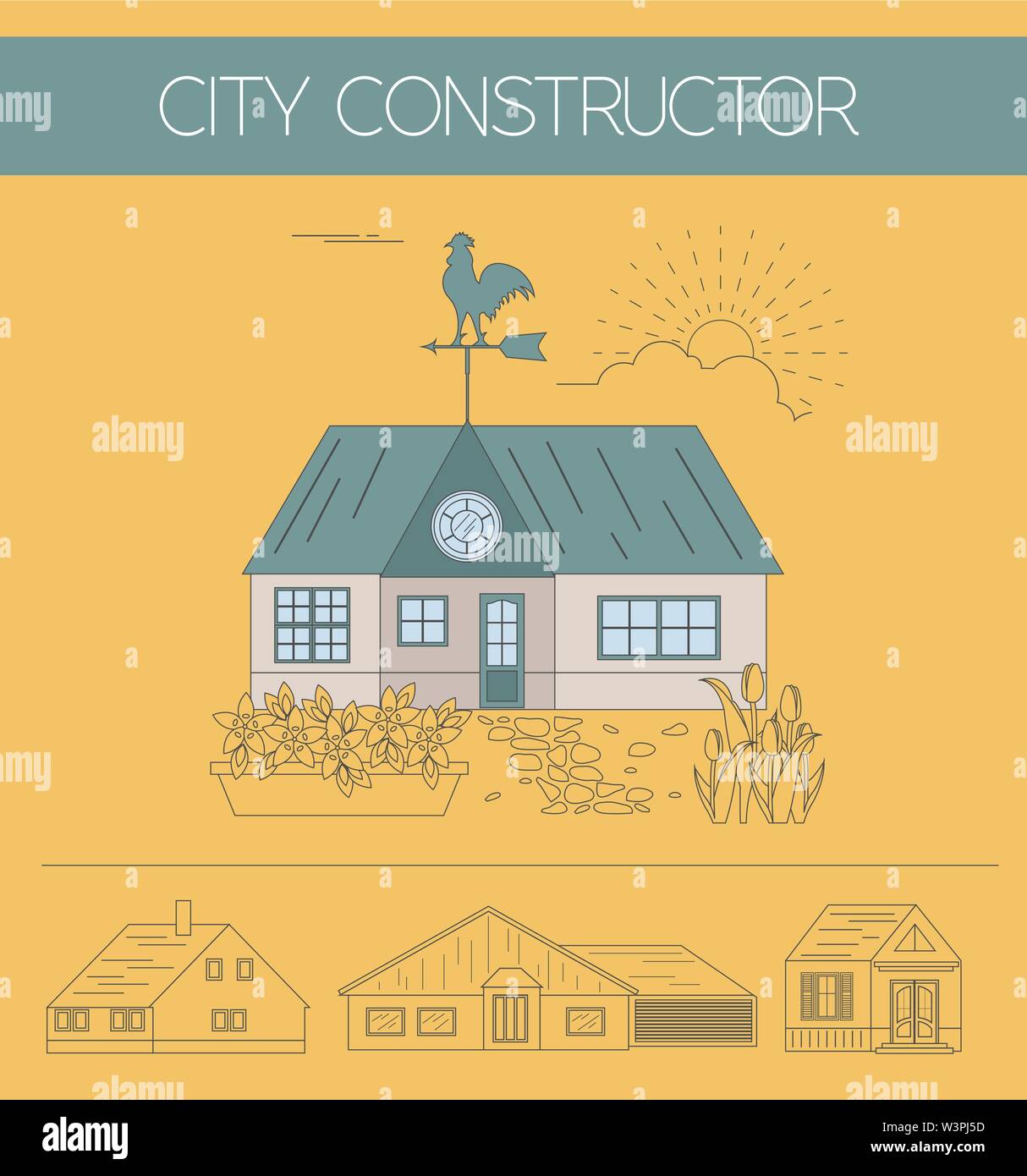 Building exteriors graphic template. Outline and color version set ...